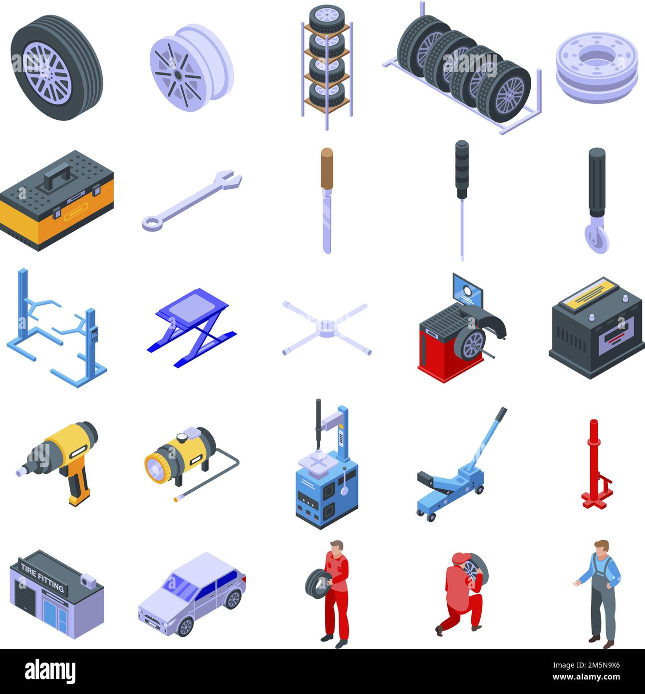 Tire fitting icons set. Isometric set of tire fitting vector icons for ...