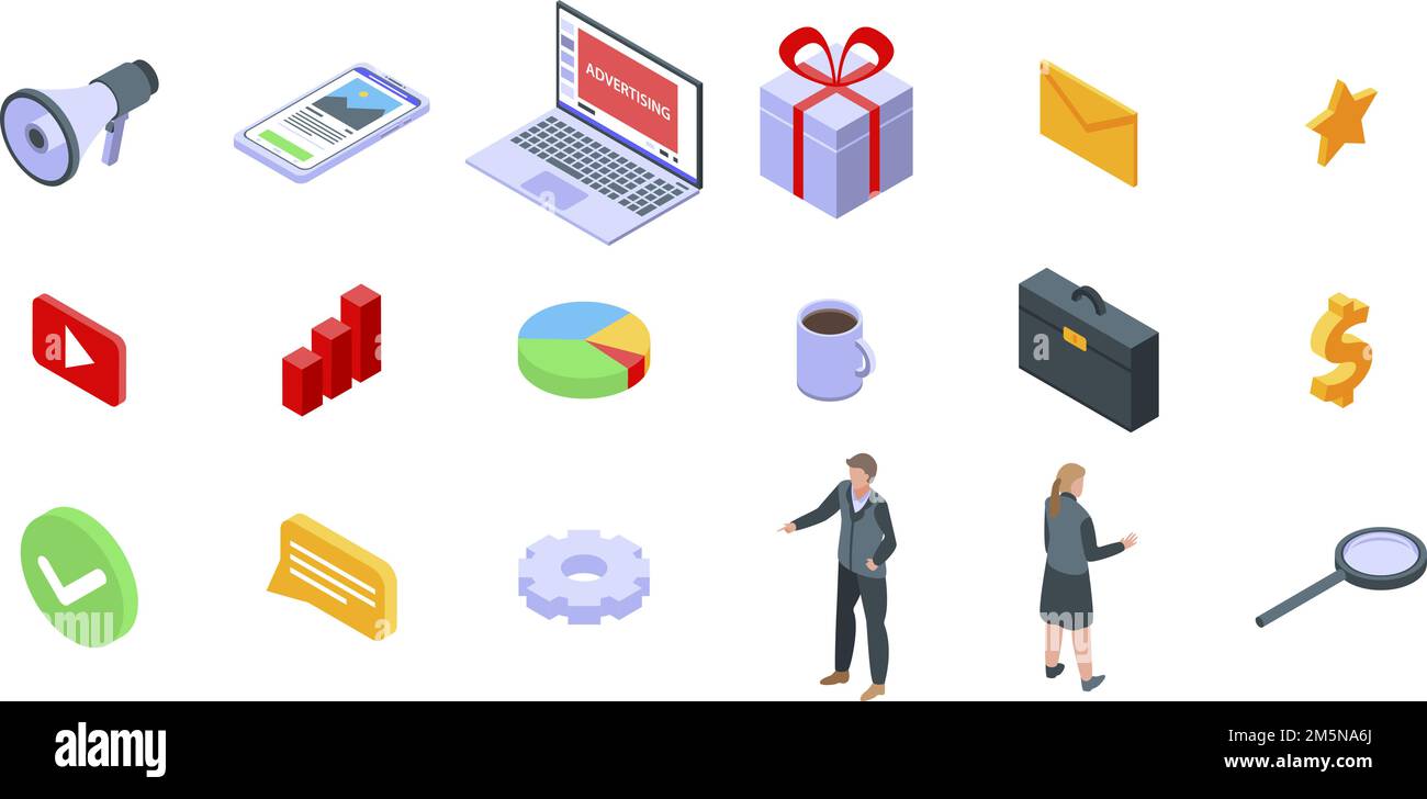Advertising manager icons set. Isometric set of advertising manager ...