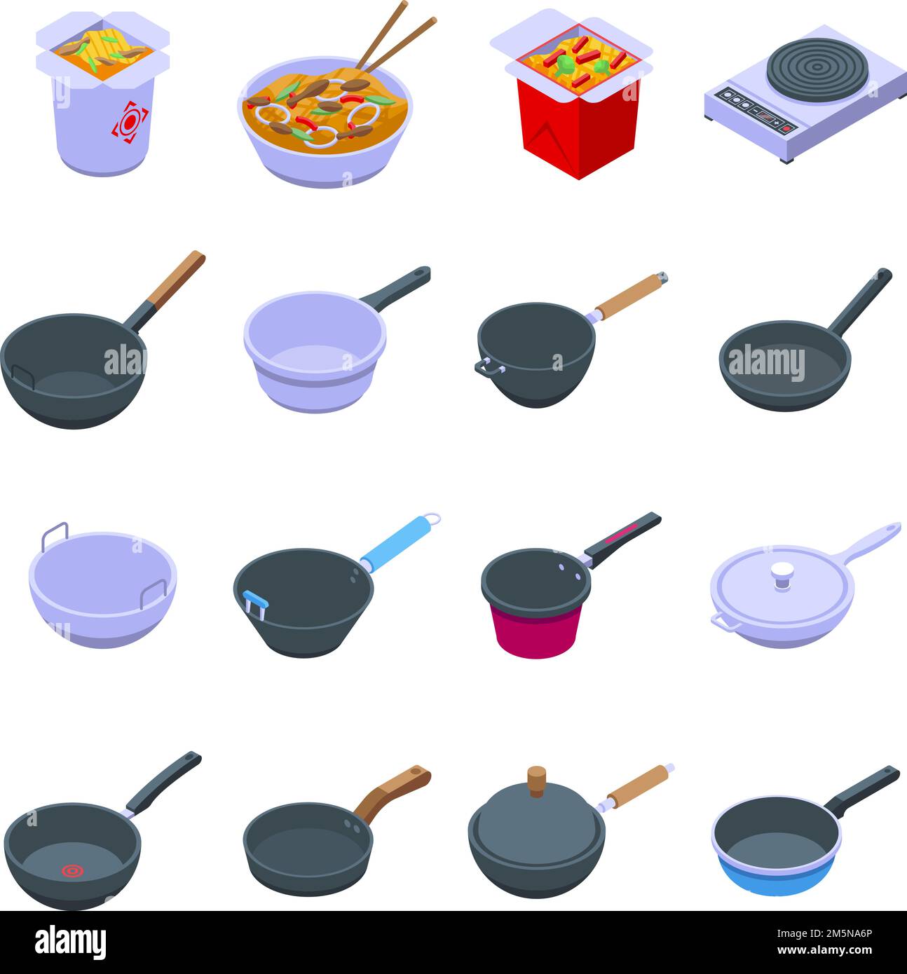 Wok frying pan icons set. Isometric set of wok frying pan vector icons ...