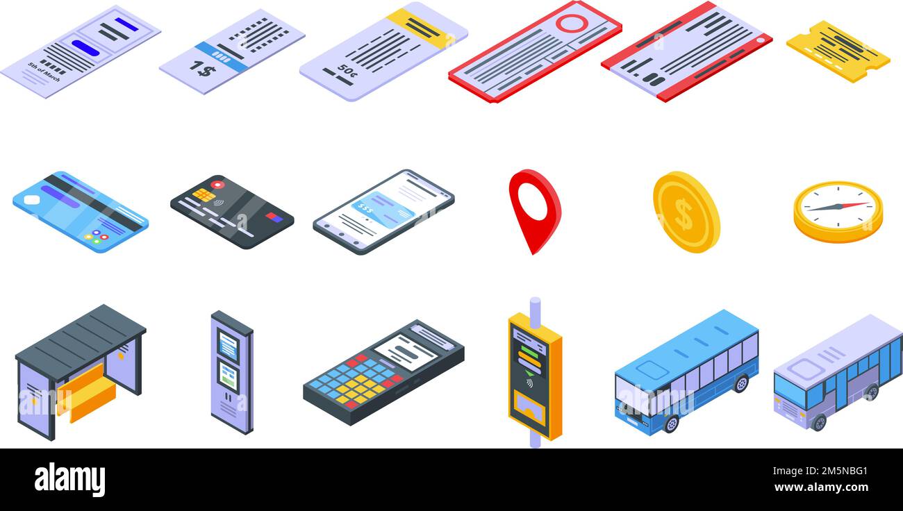 Bus ticketing icons set. Isometric set of bus ticketing vector icons ...