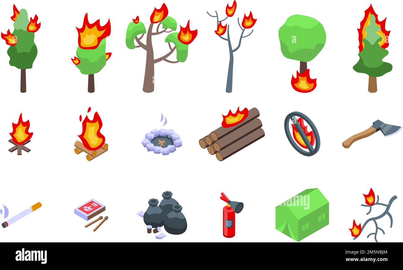 Burning forest icons set. Isometric set of burning forest vector icons ...