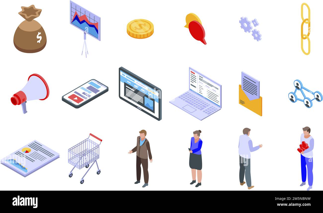Affiliate marketing icons set. Isometric set of affiliate marketing ...