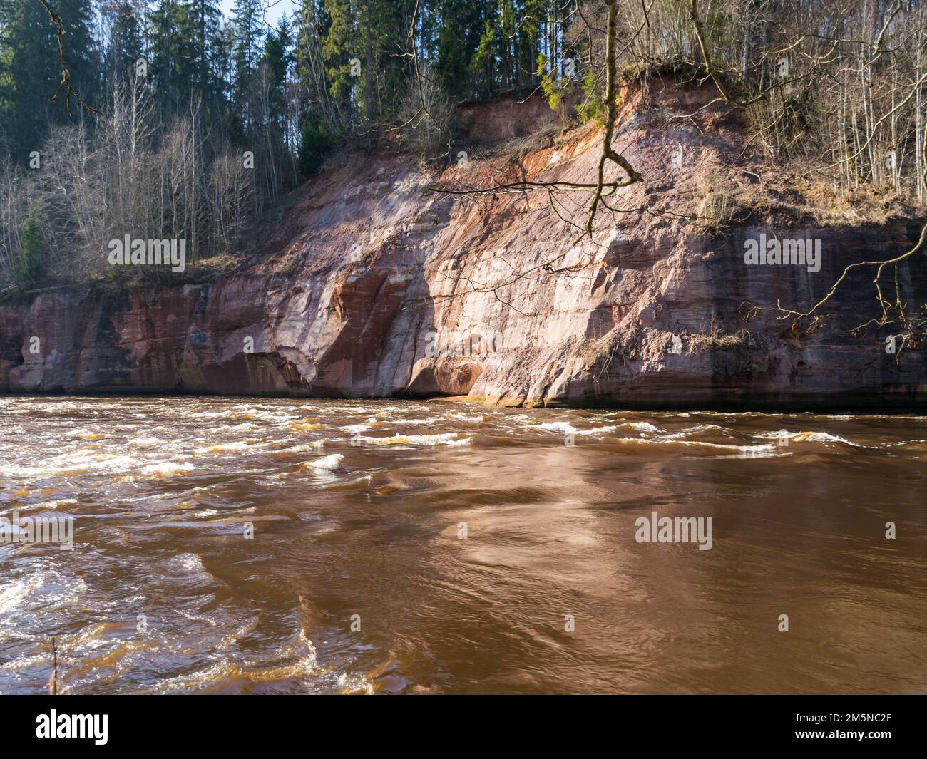 charming spring landscape with sandstone cliffs on the river bank, fast ...