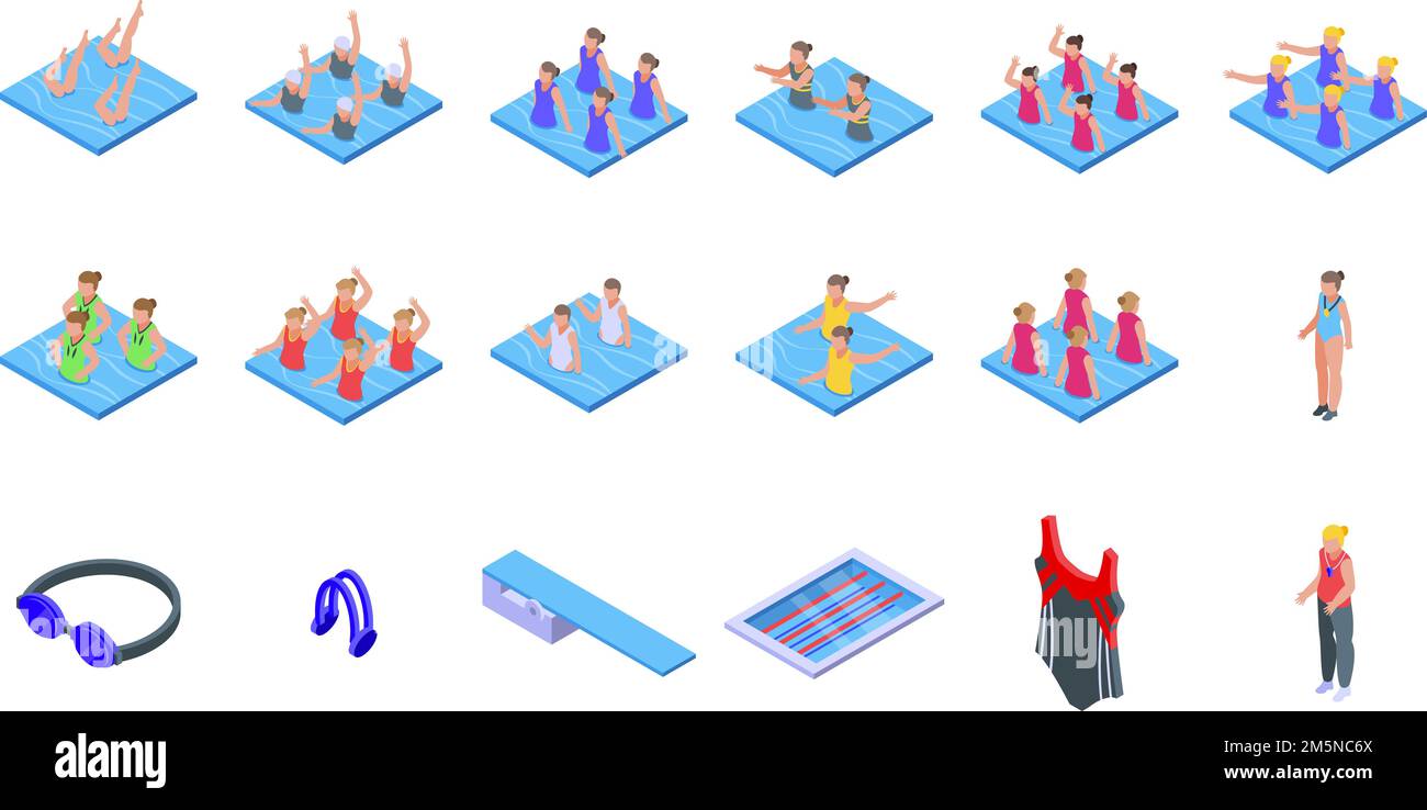 Synchronized swimming icons set. Isometric set of synchronized swimming ...