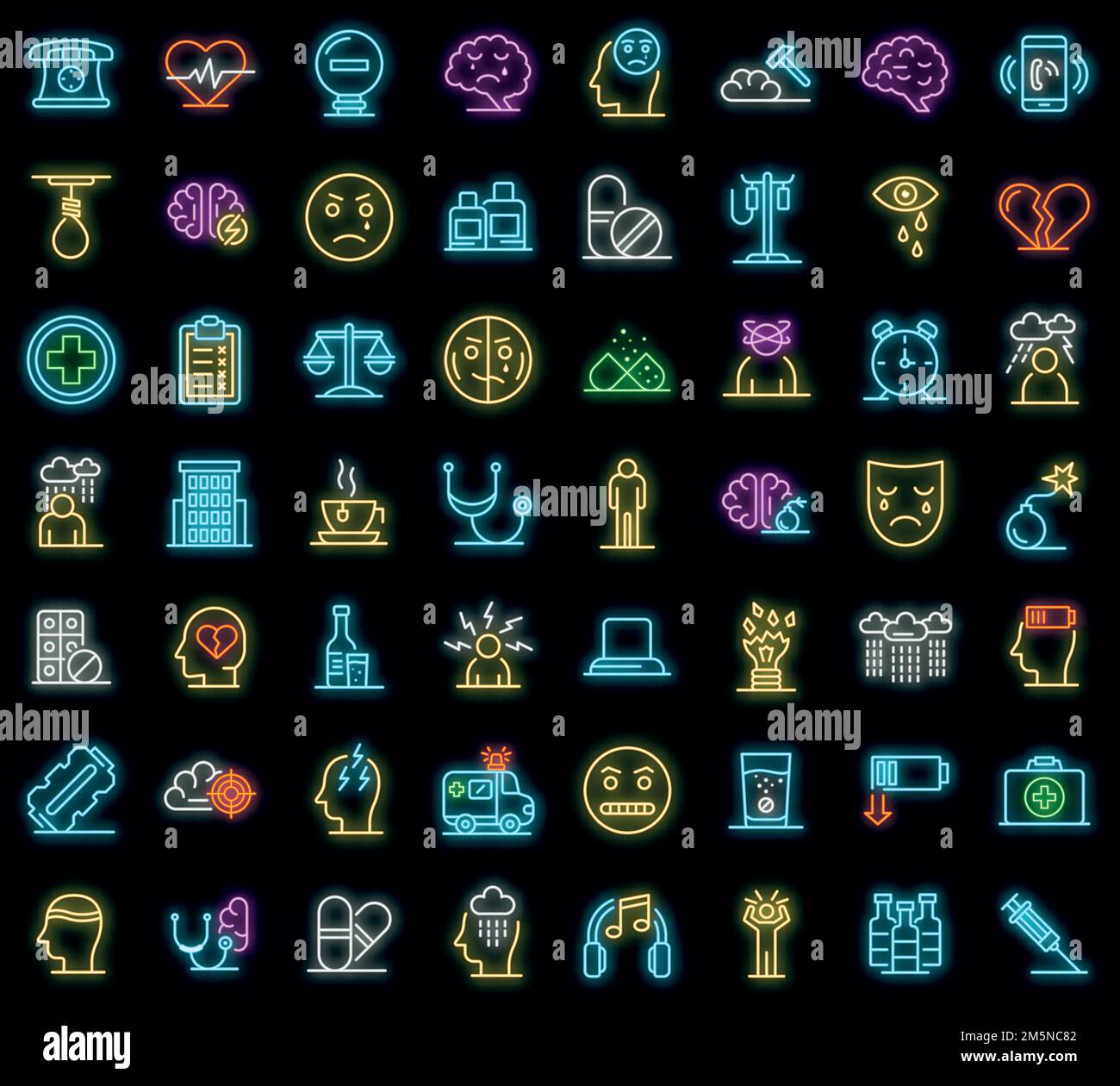 Depression icons set. Outline set of depression vector icons neon color ...