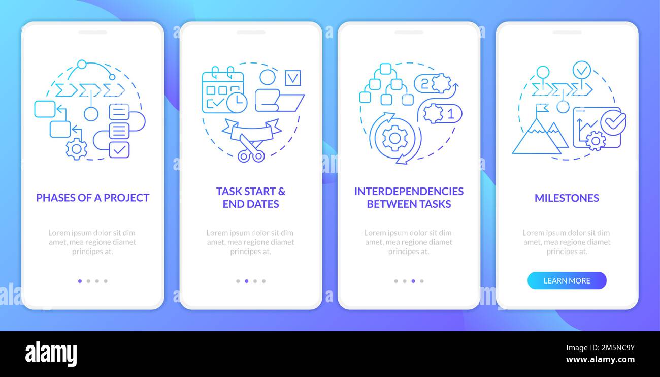 Project plan includes blue gradient onboarding mobile app screen Stock ...