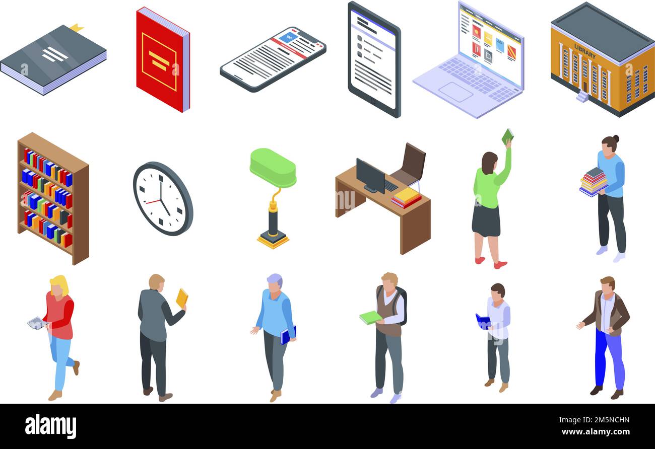 Library icons set. Isometric set of library vector icons for web design ...