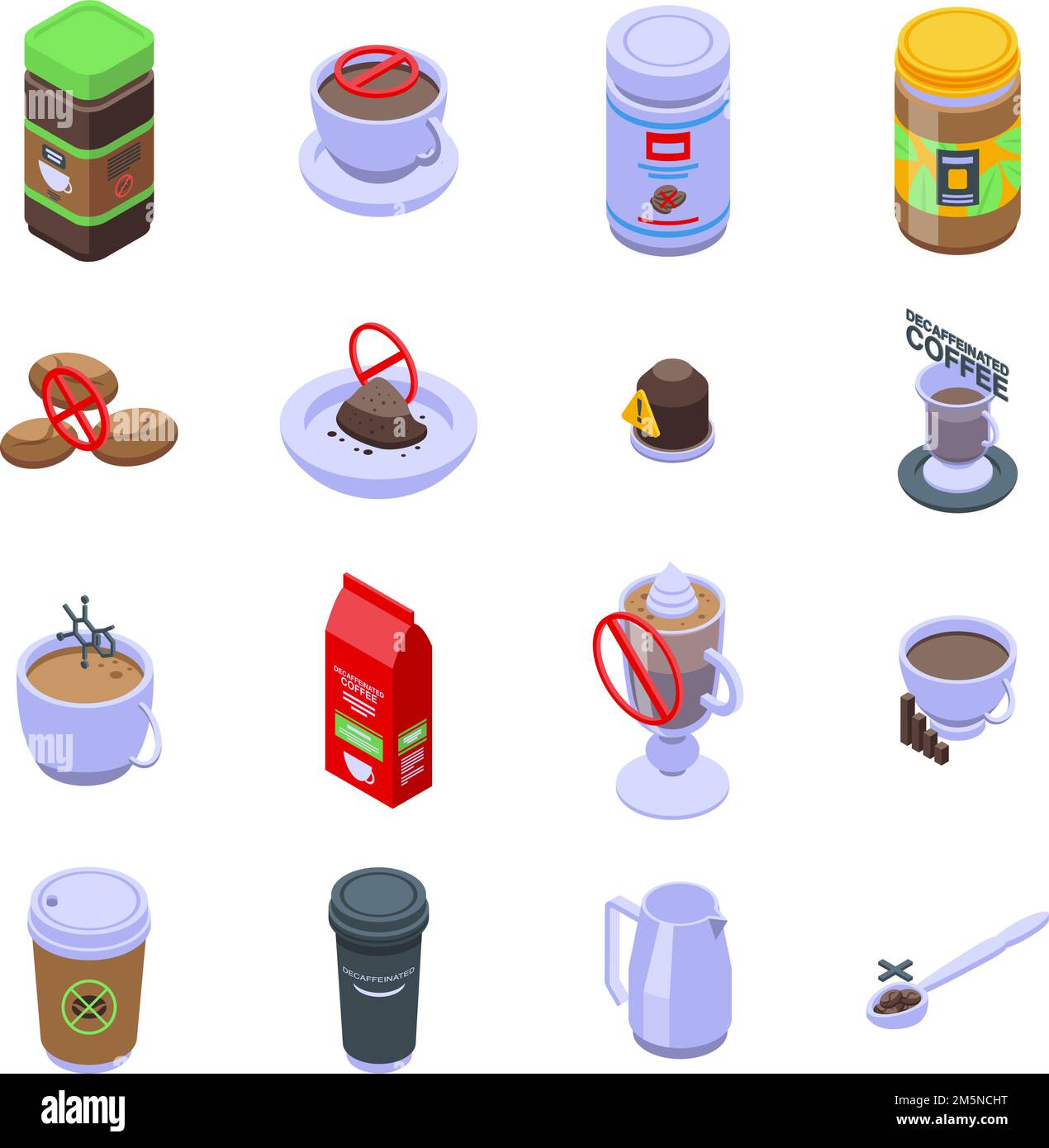 Decaffeinated coffee icons set. Isometric set of decaffeinated coffee ...
