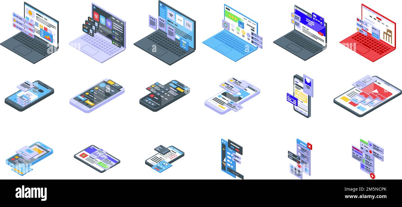 Interface icons set. Isometric set of interface vector icons for web design isolated on white ...