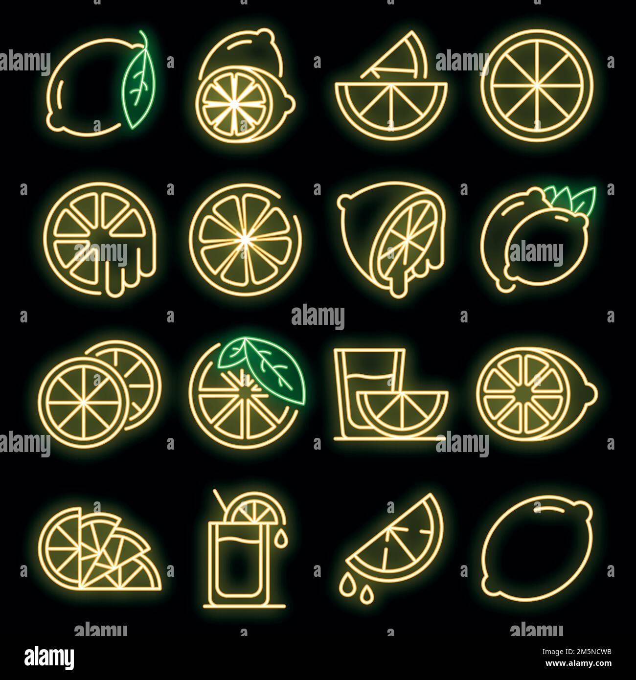Lime icons set. Outline set of lime vector icons neoncolor on black ...