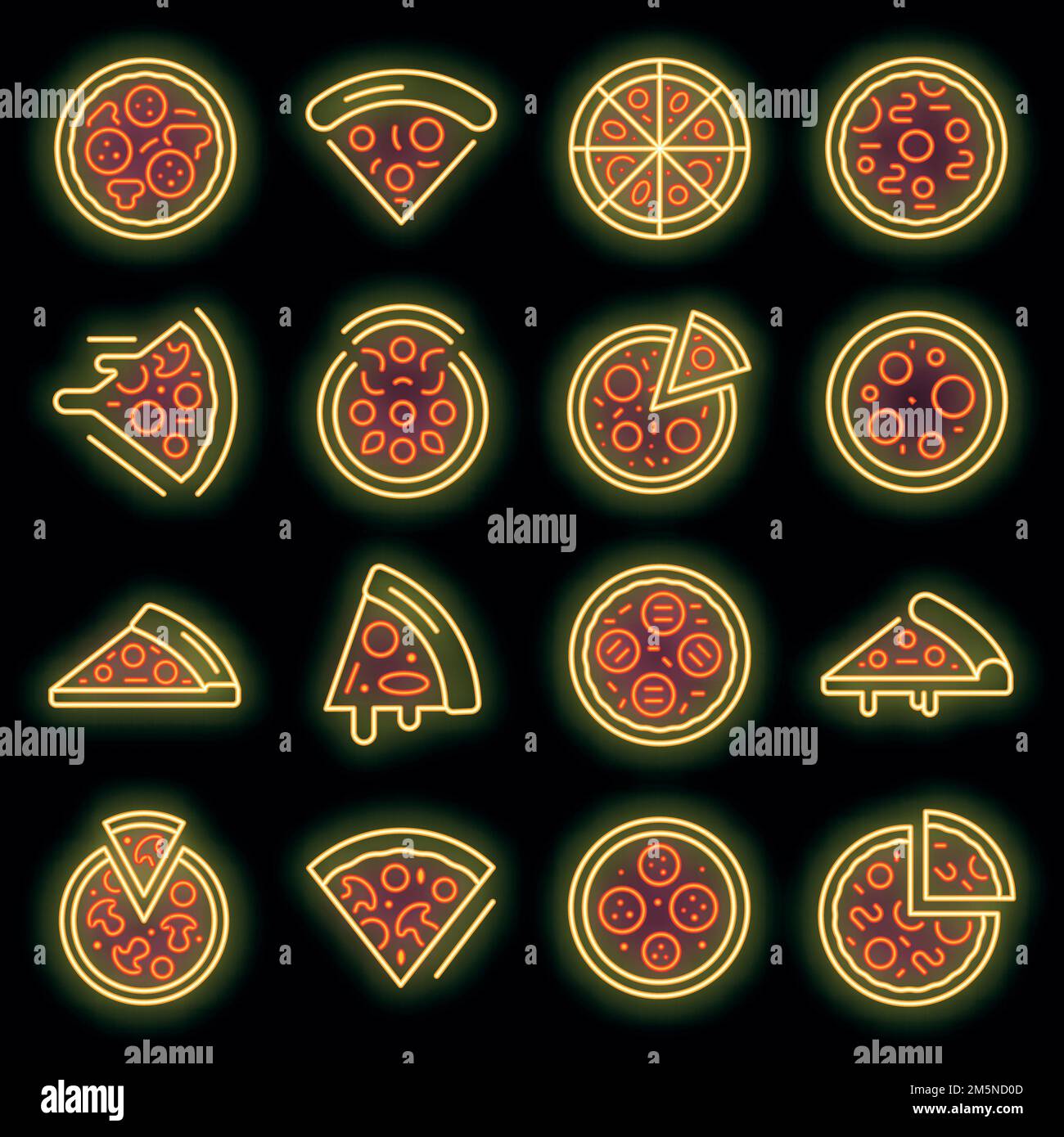 Pizza icons set. Outline set of pizza vector icons neoncolor on black ...