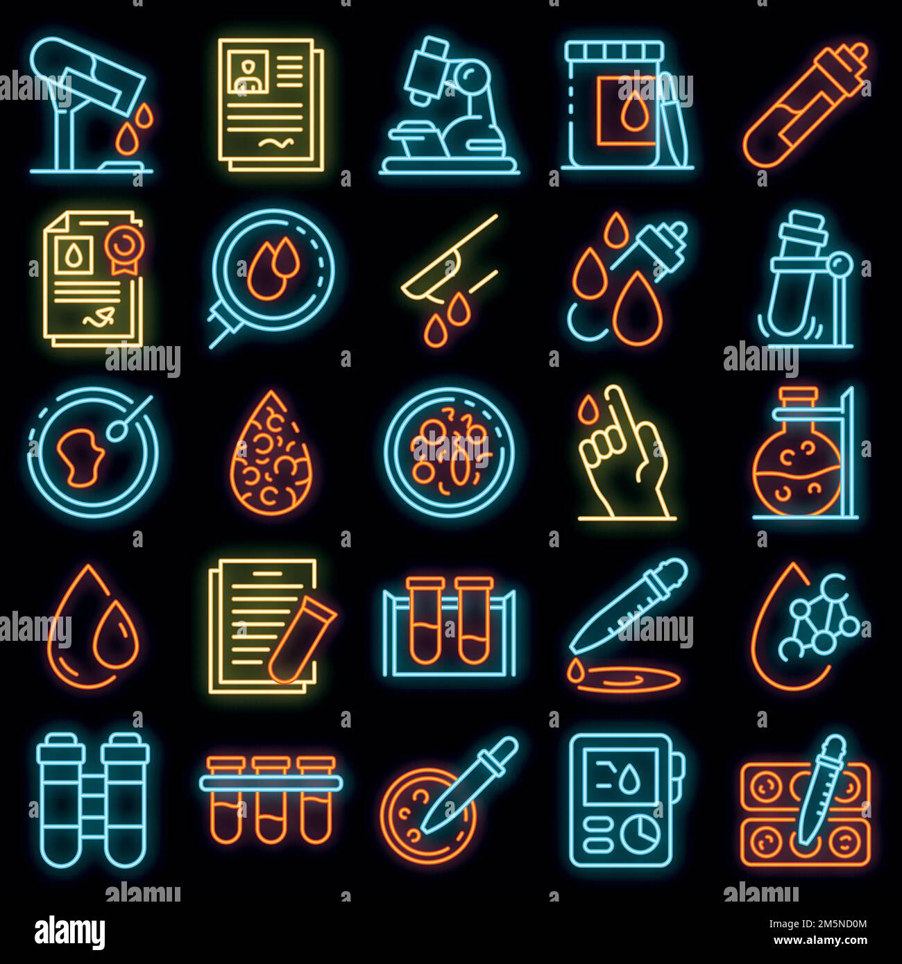 Blood test icons set. Outline set of blood test vector icons neoncolor ...