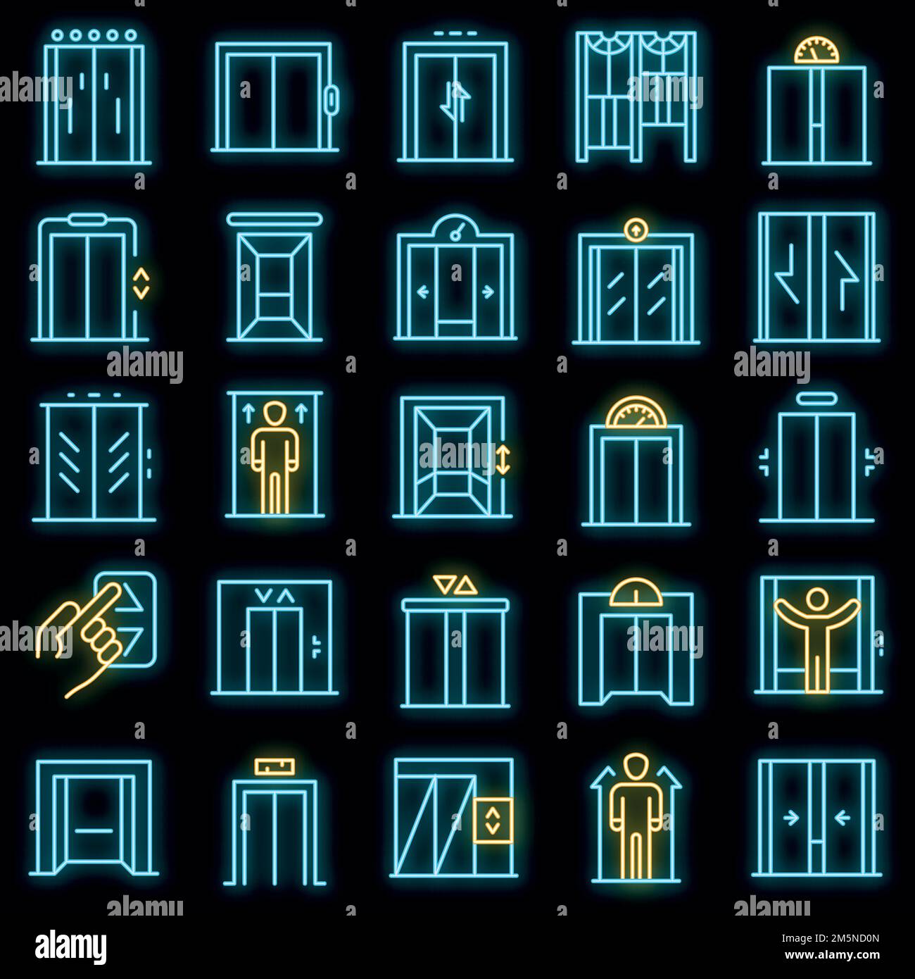Elevator icons set. Outline set of elevator vector icons neoncolor on ...