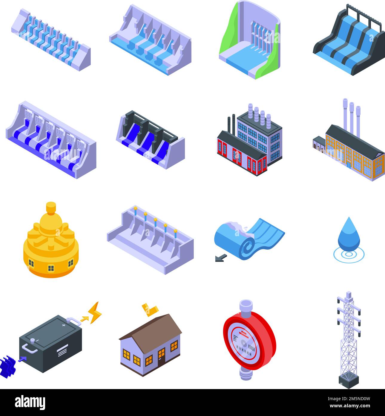 Hydro power icons set. Isometric set of hydro power vector icons for ...