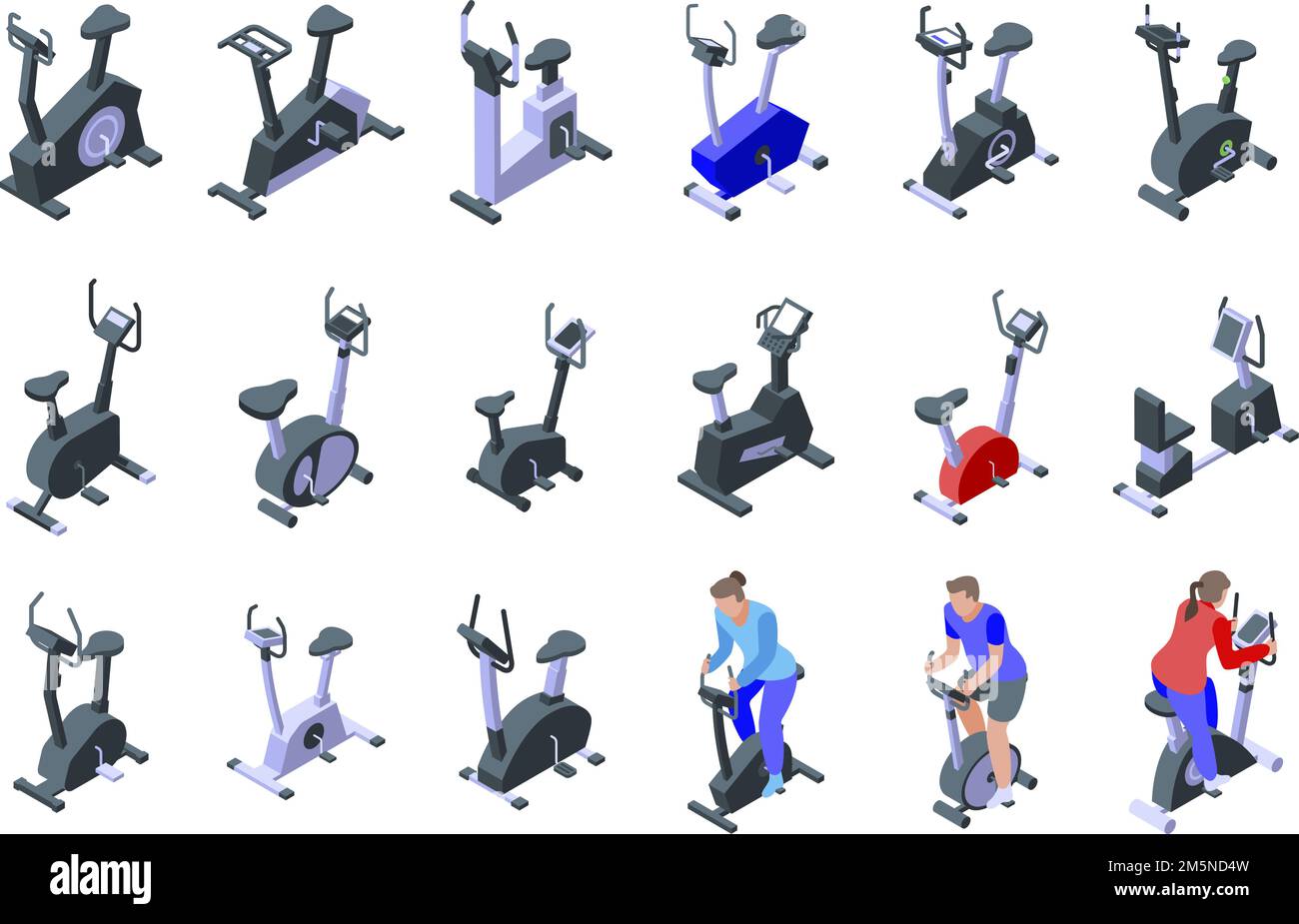 Exercise bike icons set. Isometric set of exercise bike vector icons ...
