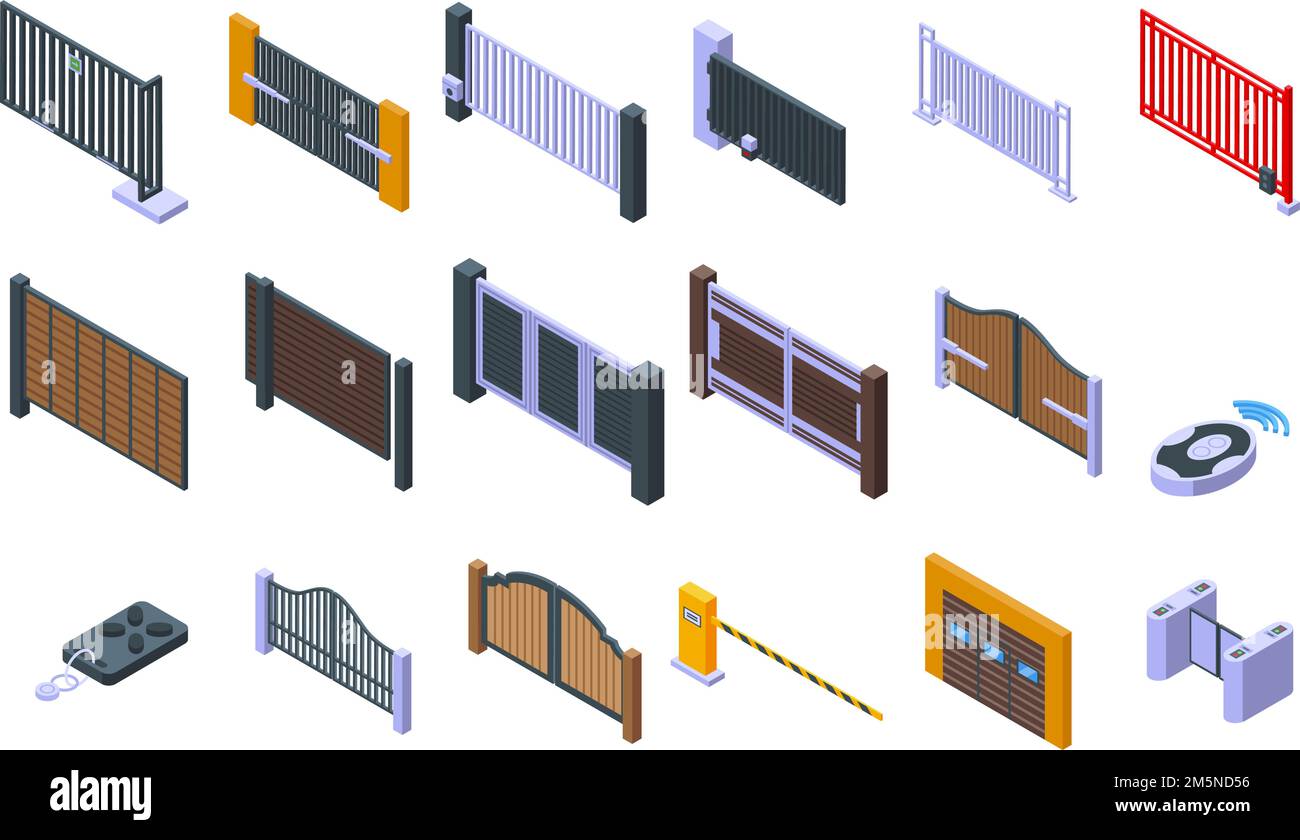Automatic gate icons set. Isometric set of automatic gate vector icons ...