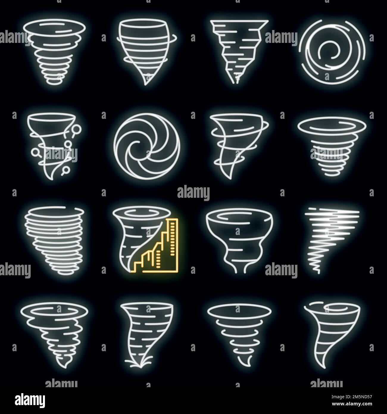 Tornado icons set. Outline set of tornado vector icons neon color on ...