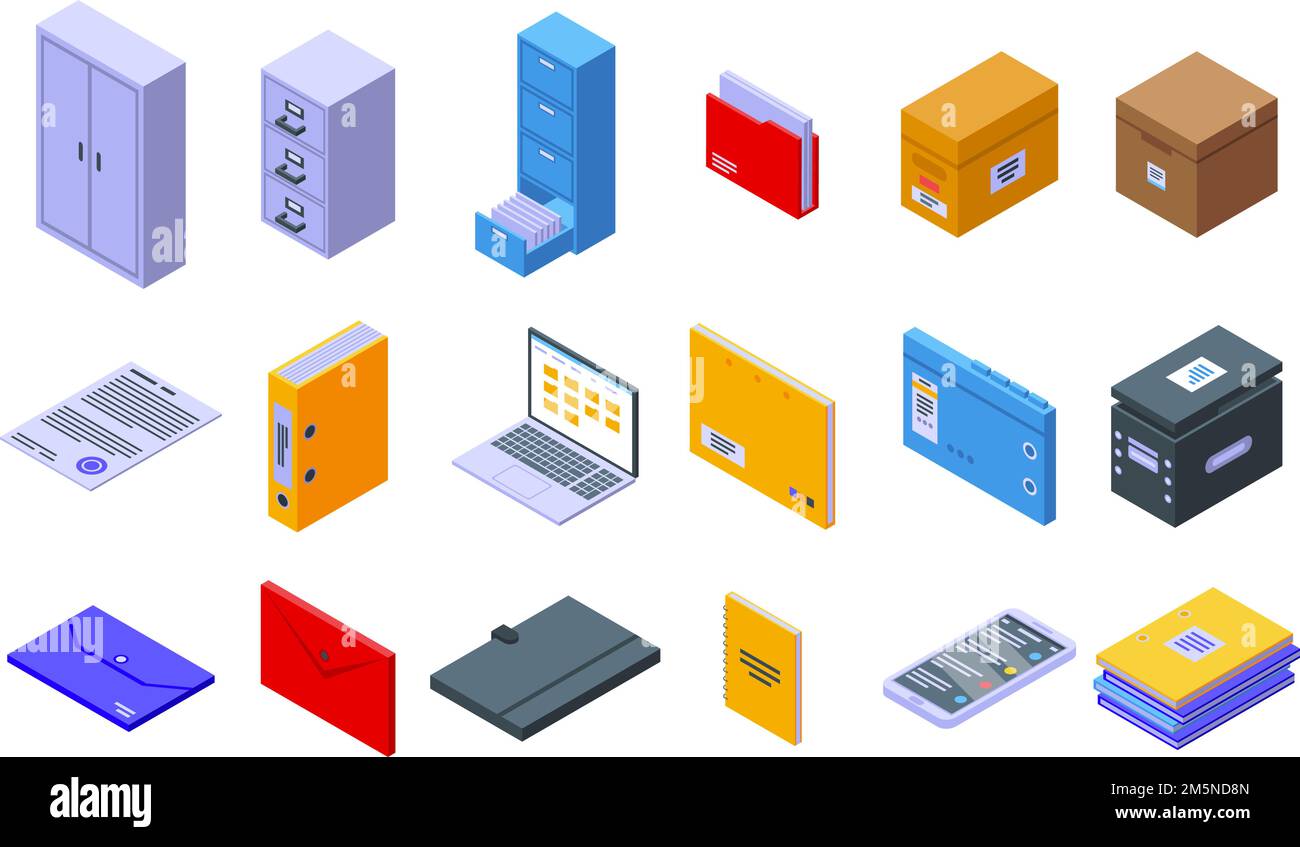 Storage of documents icons set. Isometric set of storage of documents ...