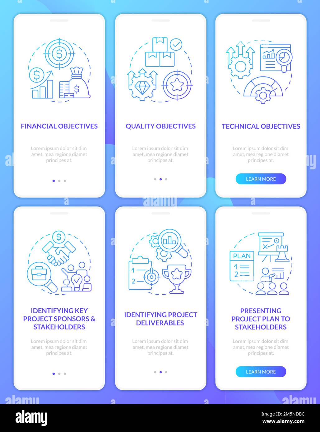 Project management processes blue gradient onboarding mobile app ...
