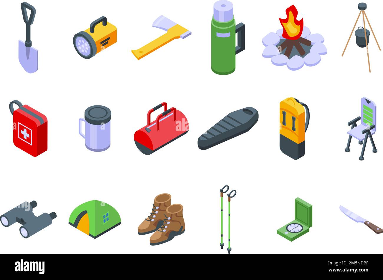 Equipment for hike icons set. Isometric set of equipment for hike ...
