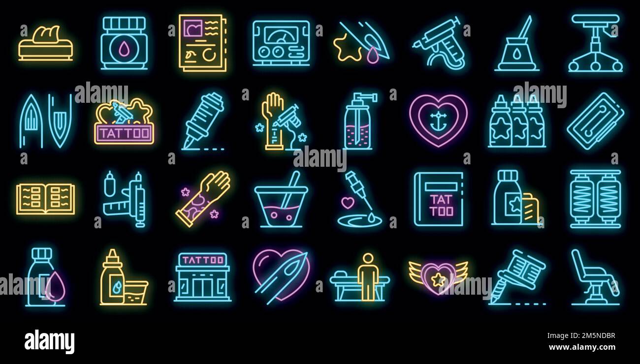 Tattoo studio icons set. Outline set of tattoo studio vector icons neon ...