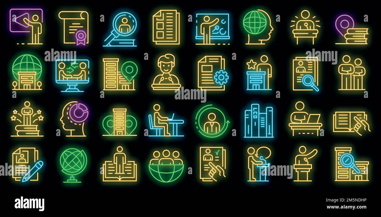 Internship icons set. Outline set of internship vector icons neon color ...