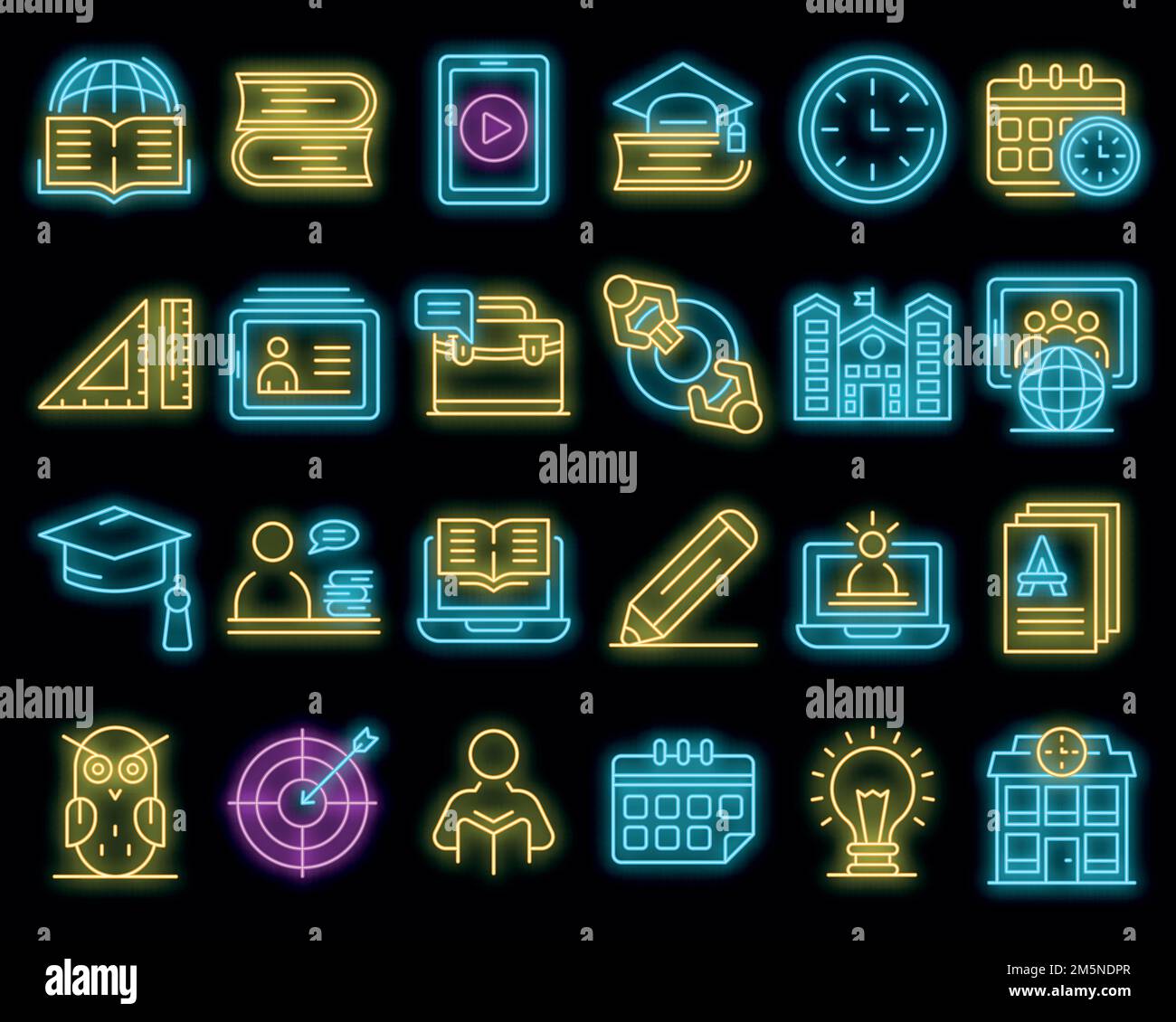 Tutor icons set. Outline set of tutor vector icons neoncolor on black ...