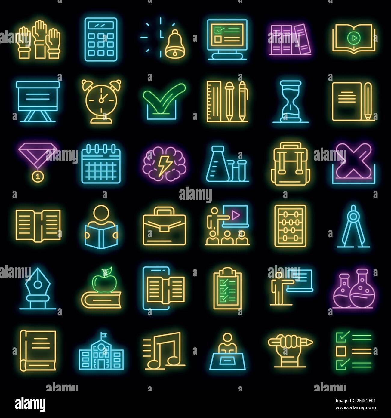Lesson icons set. Outline set of lesson vector icons neoncolor on black ...