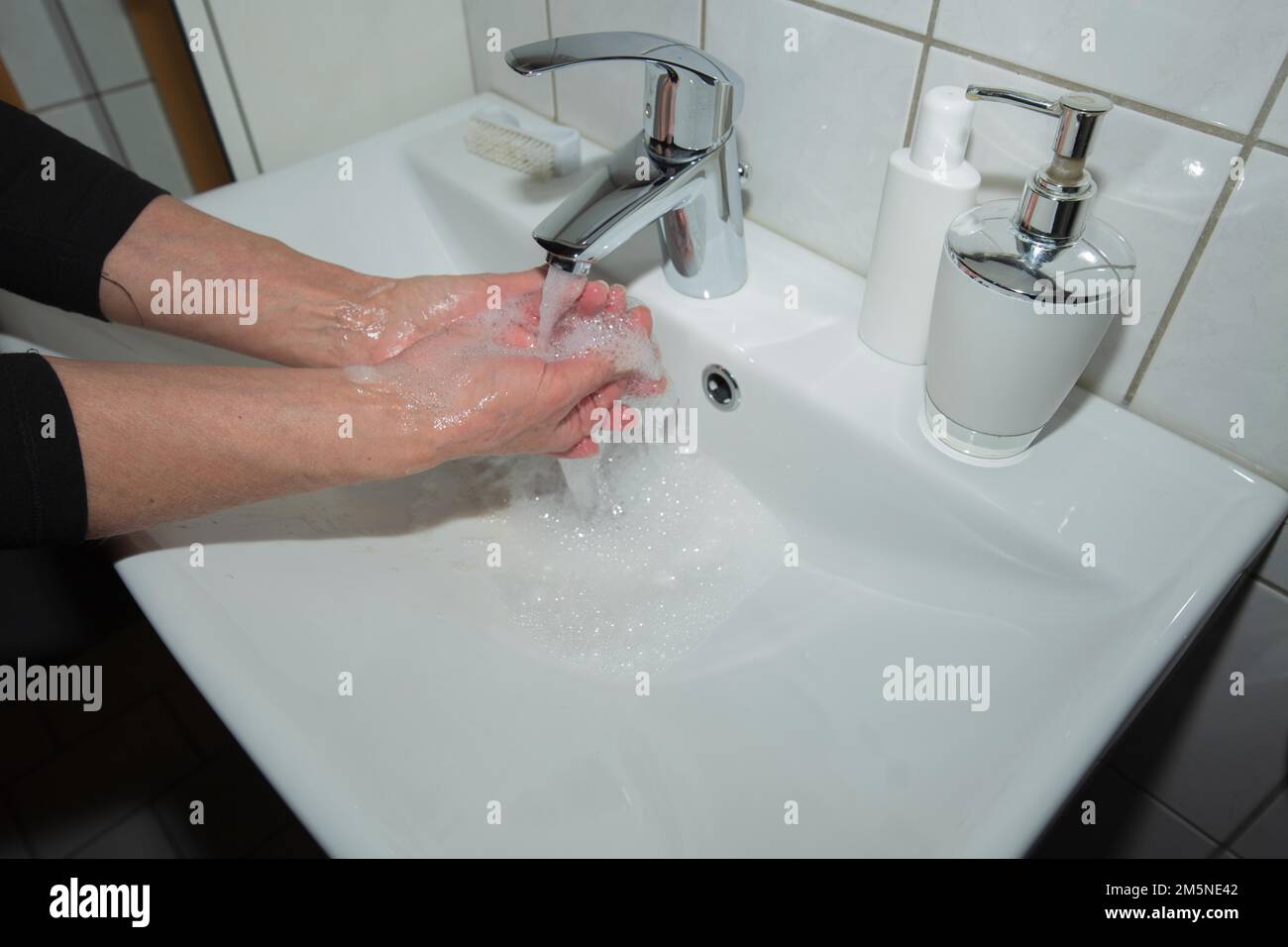 Washing hands with soap, hygiene, cleanliness and protection Stock ...