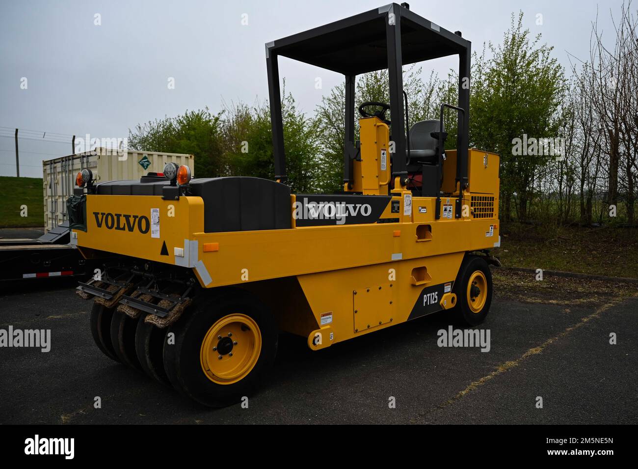 A Volvo 16-ton single drum soil compactor stands at Royal Air Force ...
