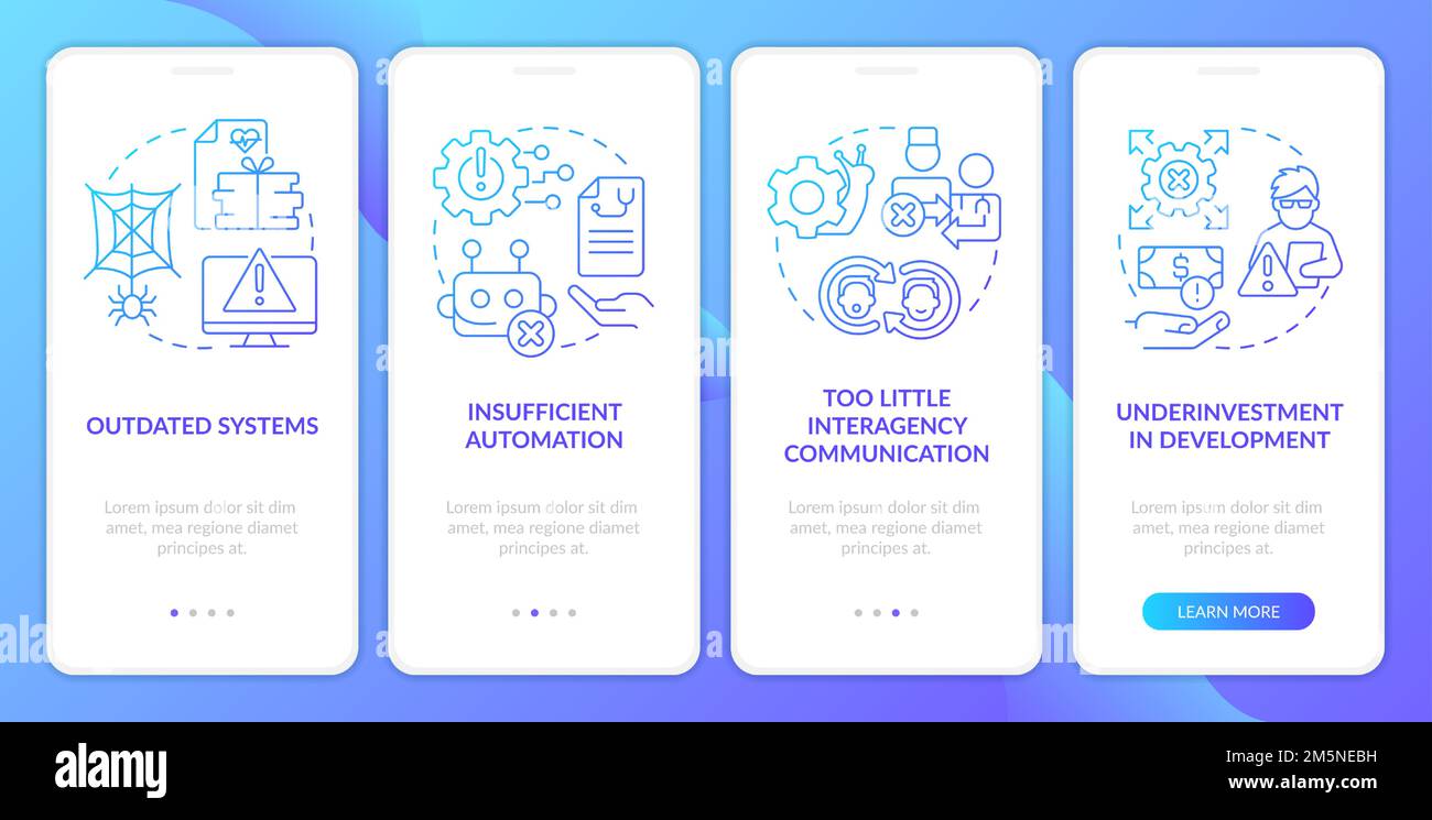 Tech issues in public health system blue gradient onboarding mobile app screen Stock Vector ...