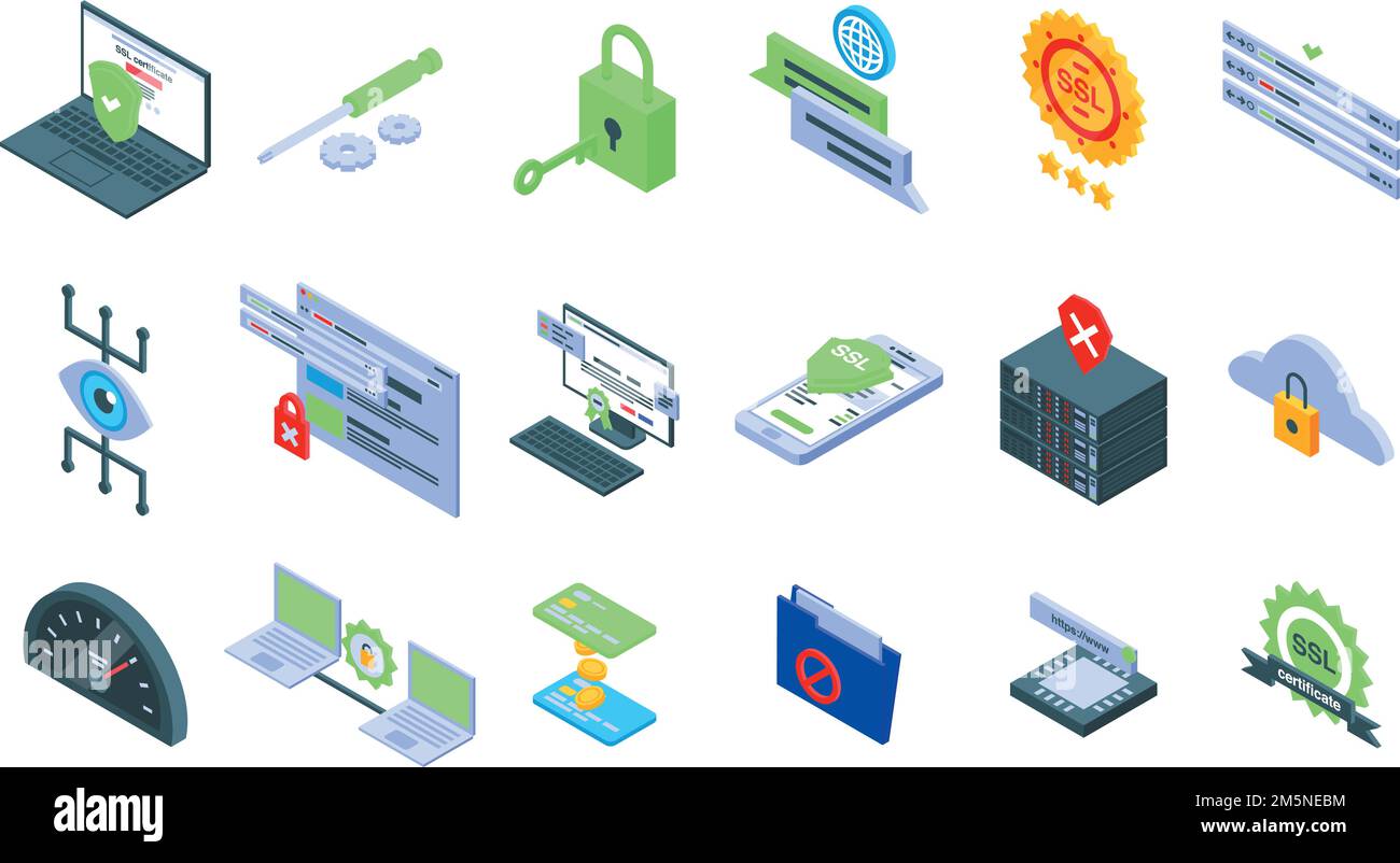 SSL certificate icons set. Isometric set of SSL certificate vector ... SSL certificate icons set. Isometric set of SSL certificate vector ...