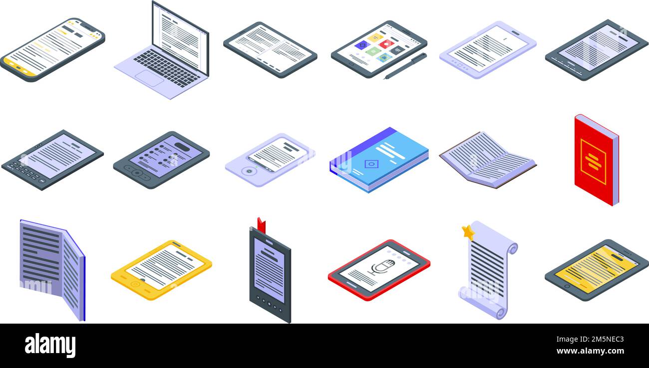 E-book application icons set. Isometric set of e-book application ...