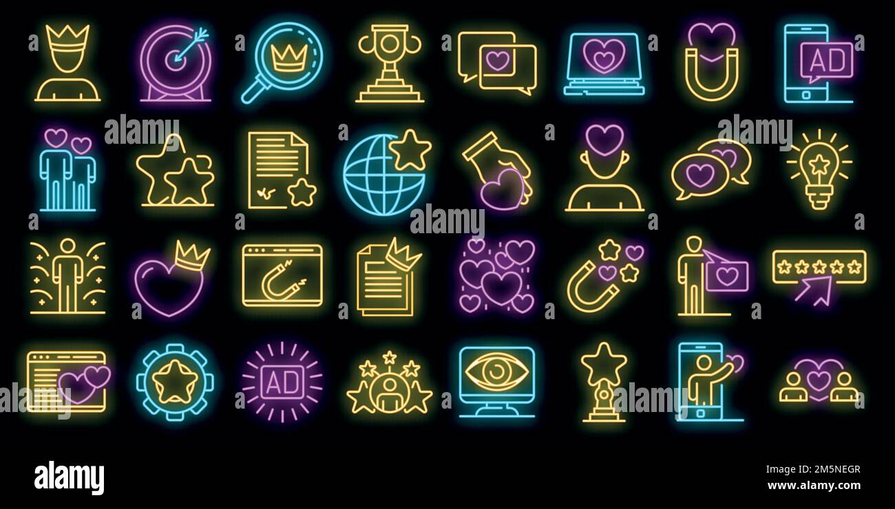 Engaging content icons set. Outline set of engaging content vector icons neon color on black ...