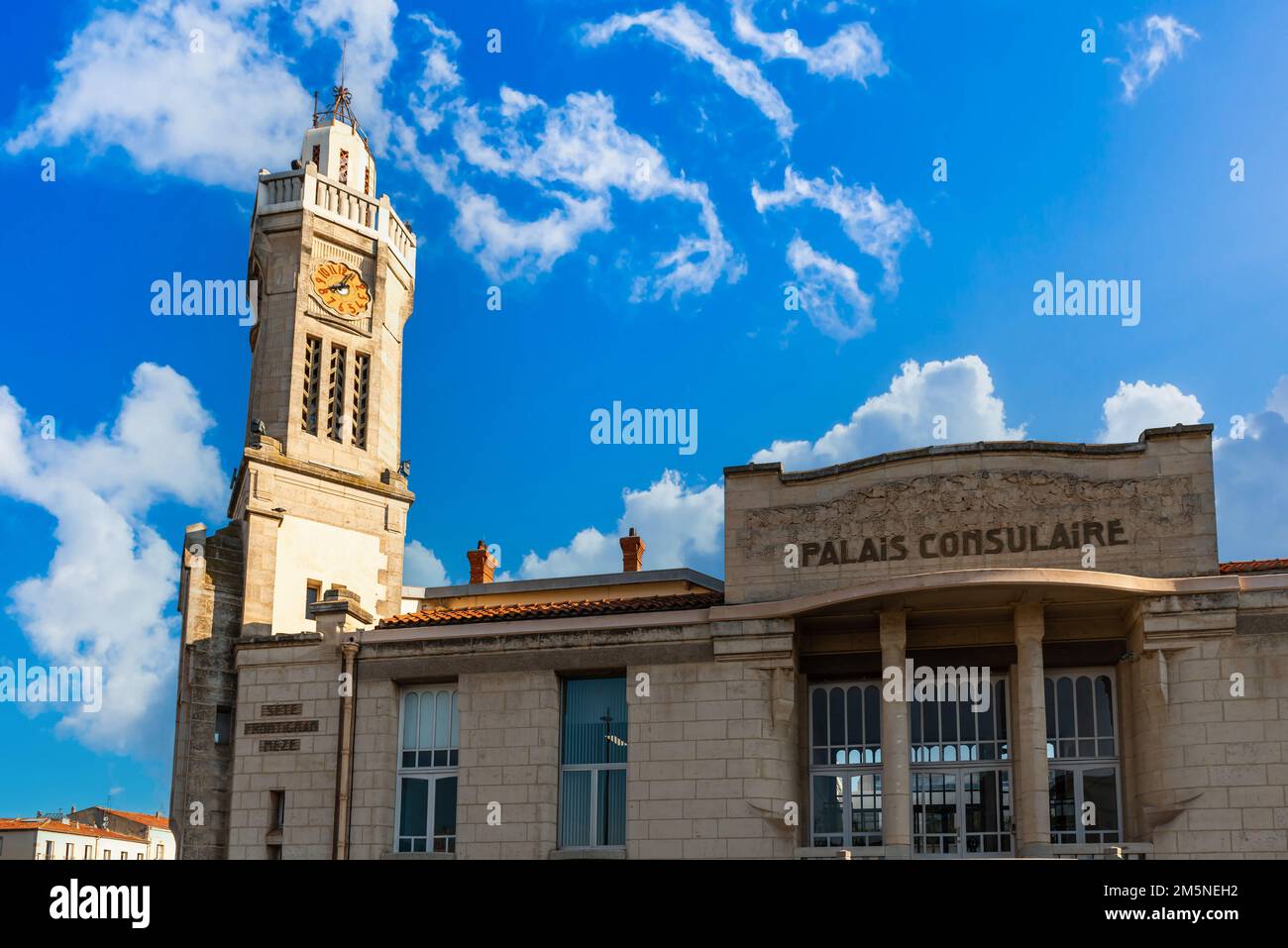 facade and tower of the consular palace along the canal de la Peyrade ...