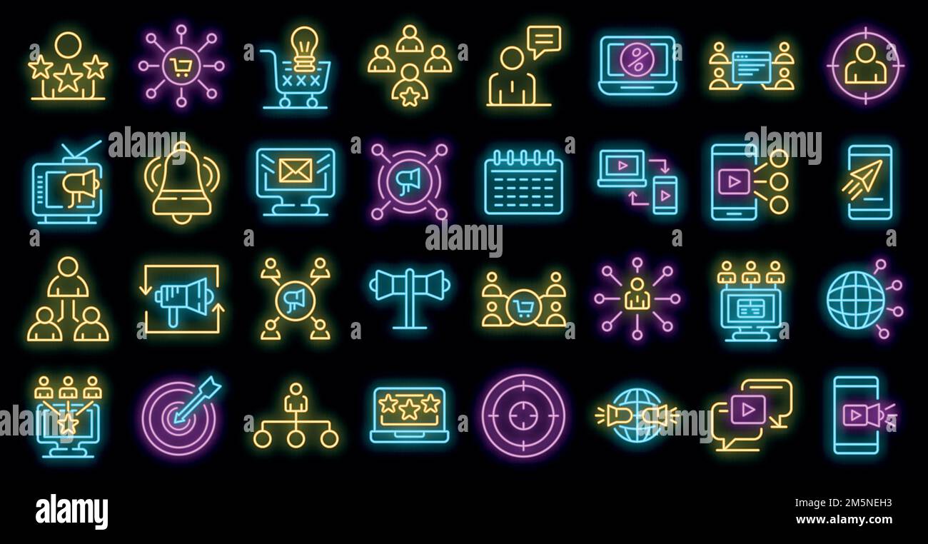 Remarketing icons set. Outline set of remarketing vector icons neon ...