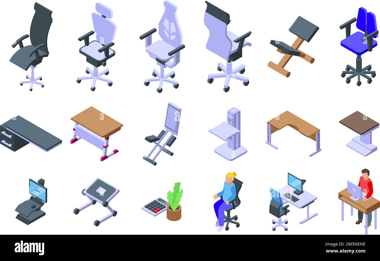 Ergonomic workplace icons set. Isometric set of ergonomic workplace ...