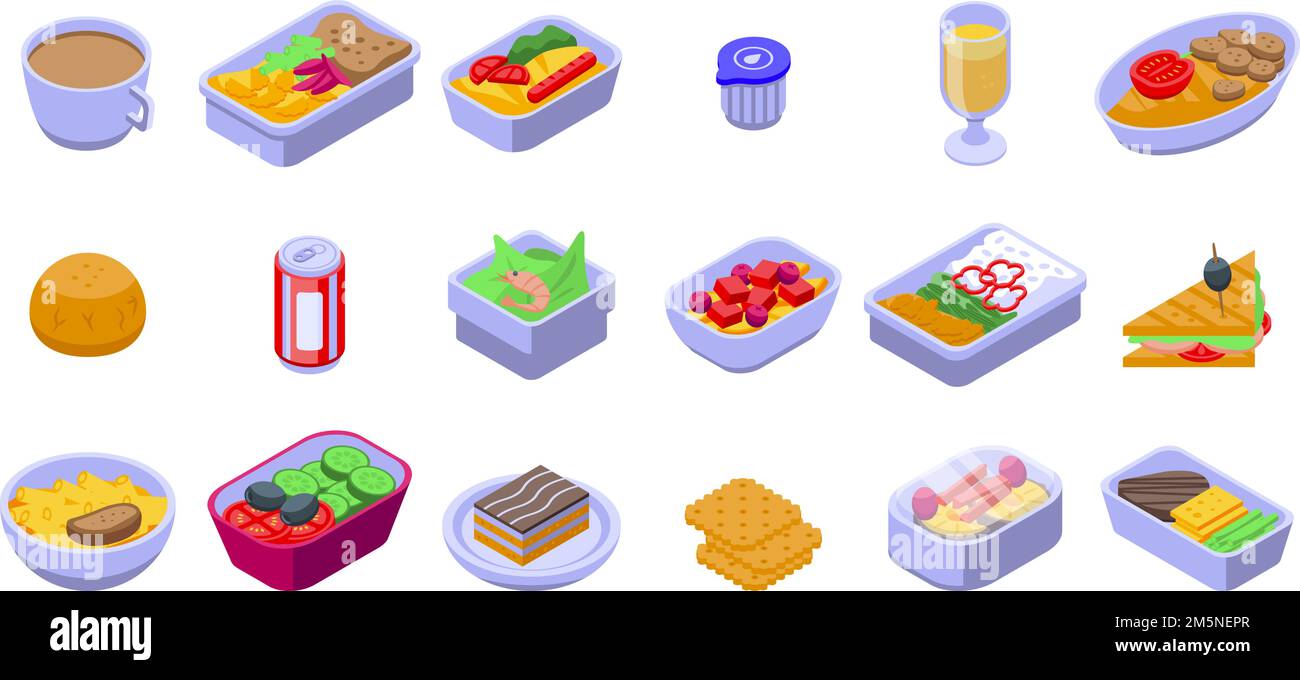 Airline food icons set. Isometric set of airline food vector icons for ...