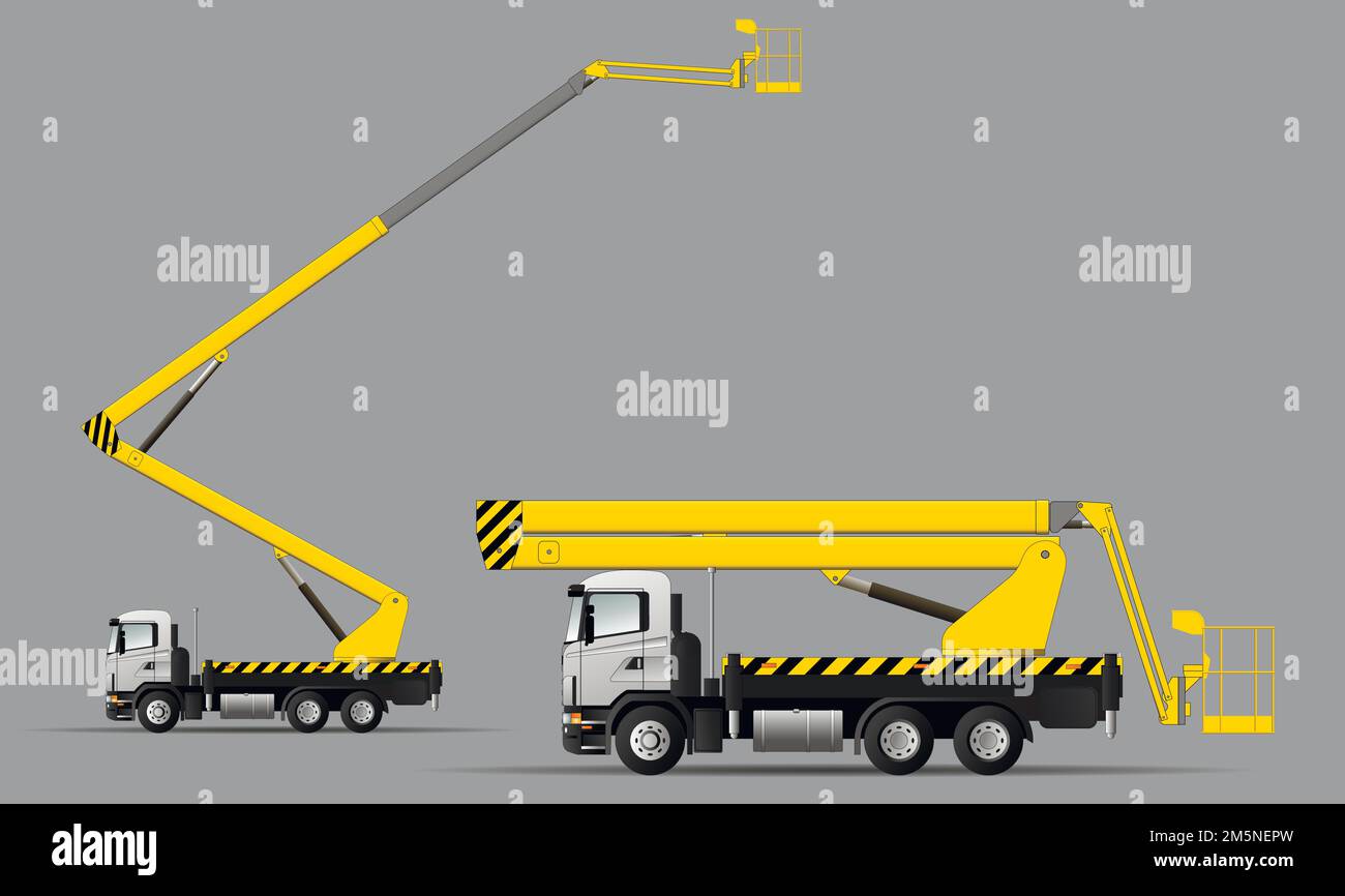 A set of vector images of a vehicle with an air basket for work at ...