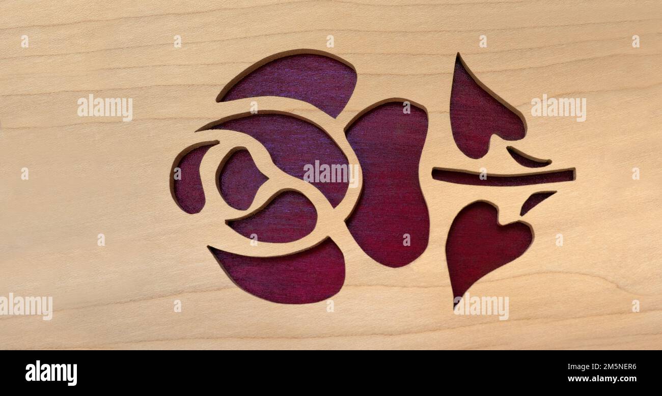 Motif of a red rose with stem and leaves, cut out of wood Stock Photo ...