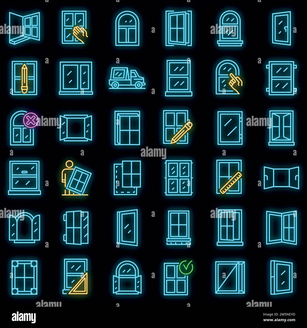 Window installation icons set. Outline set of window installation ...