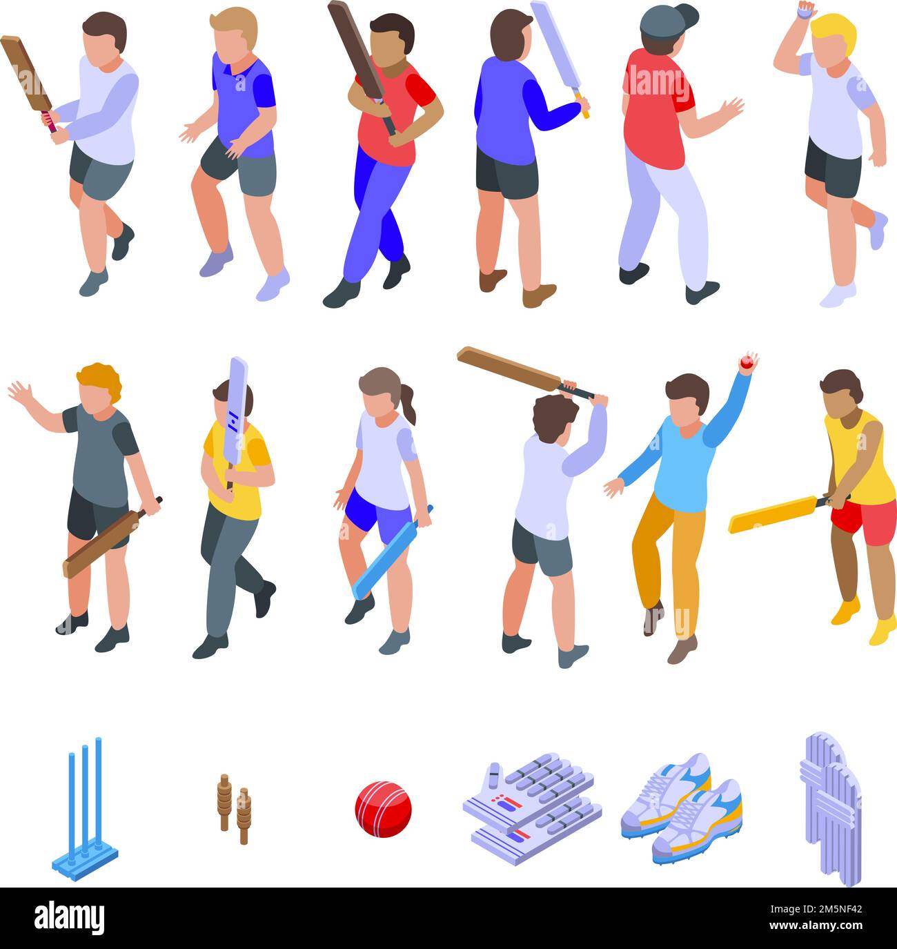 Kids playing cricket icons set. Isometric set of kids playing cricket ...