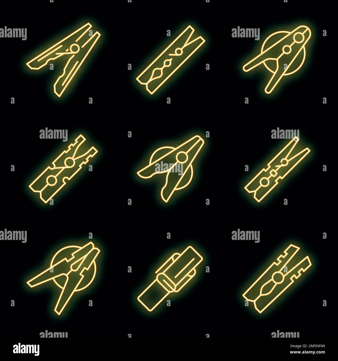 Clothes pins icons set. Outline set of clothes pins vector icons neon ...