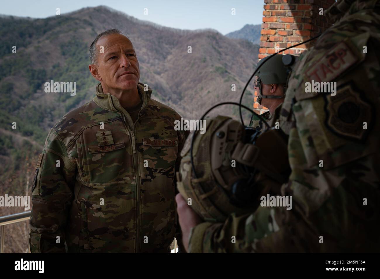 Lt. Gen. Scott L. Pleus, Seventh Air Force commander, engages in ...