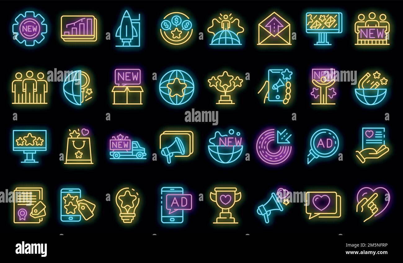 Campaign icons set. Outline set of campaign vector icons neoncolor on ...