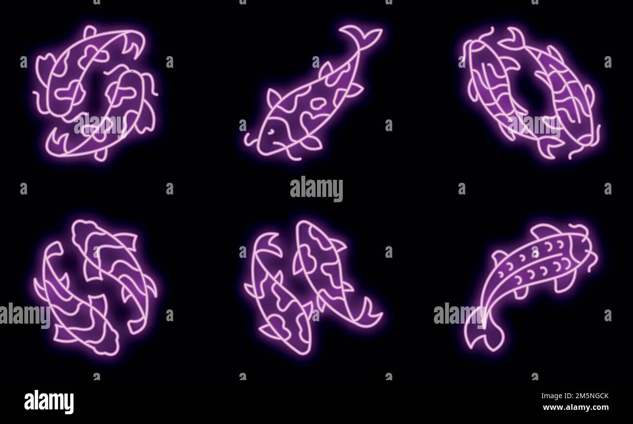Koi carp icons set. Outline set of koi carp vector icons neon color on ...