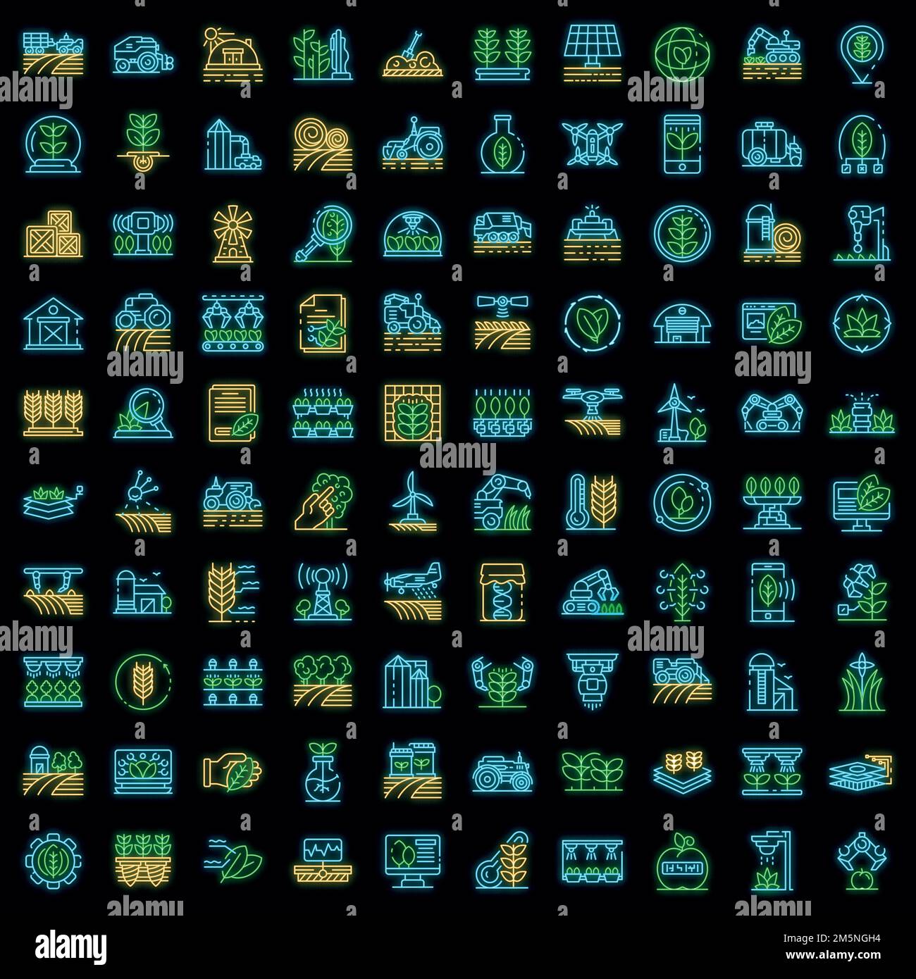 Farming robot icons set. Outline set of farming robot vector icons neon ...