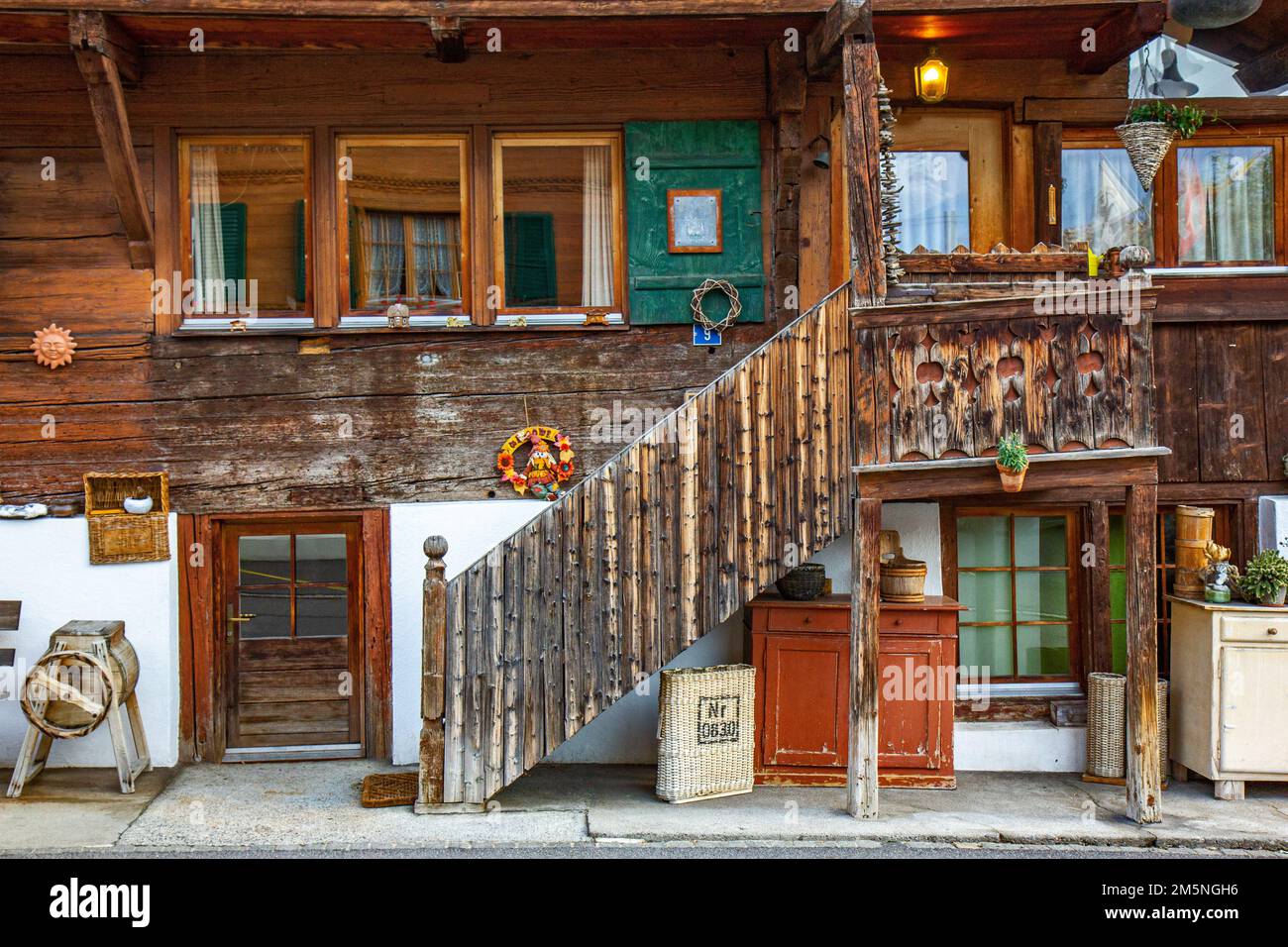 Detail from traditional hunter house in Switzerland Alps Stock Photo ...