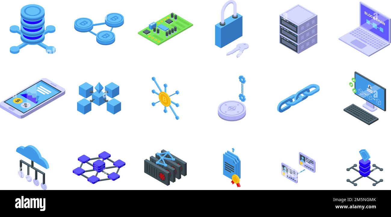 Block chain icons set. Isometric set of block chain vector icons for ...