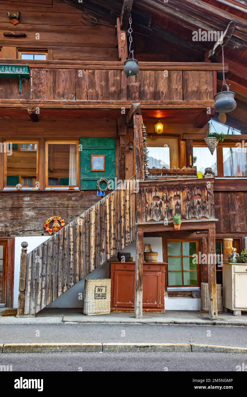 Detail from traditional hunter house in Switzerland Alps Stock Photo ...